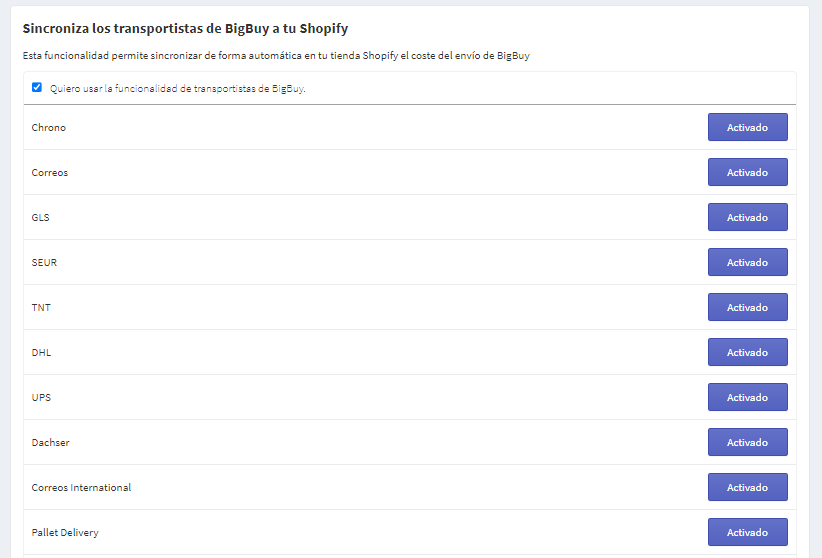 I corrieri selezionati sull’App verranno visualizzati nel modo seguente ...